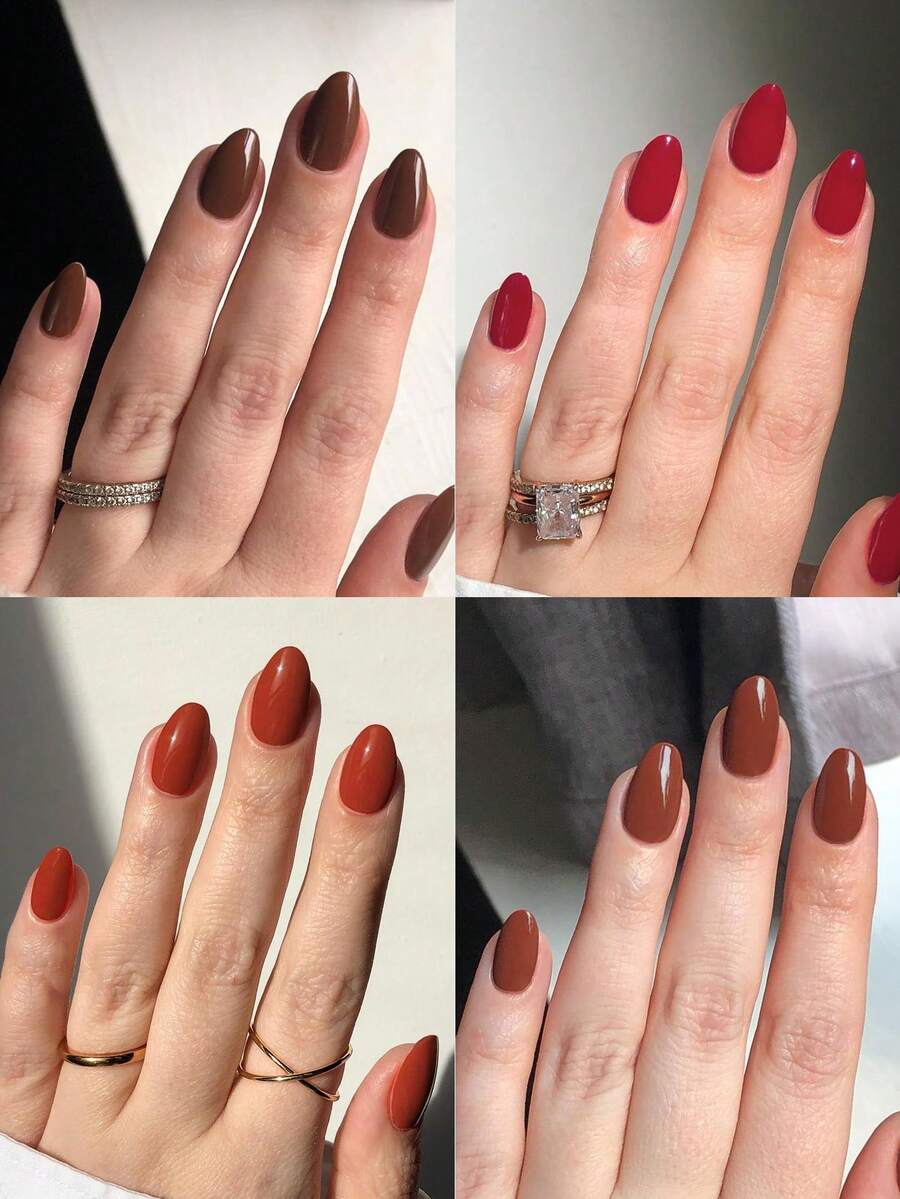 96pcs (4mixed ) Short Oval Brown & Red Colors Tip Press On Nails Short ...