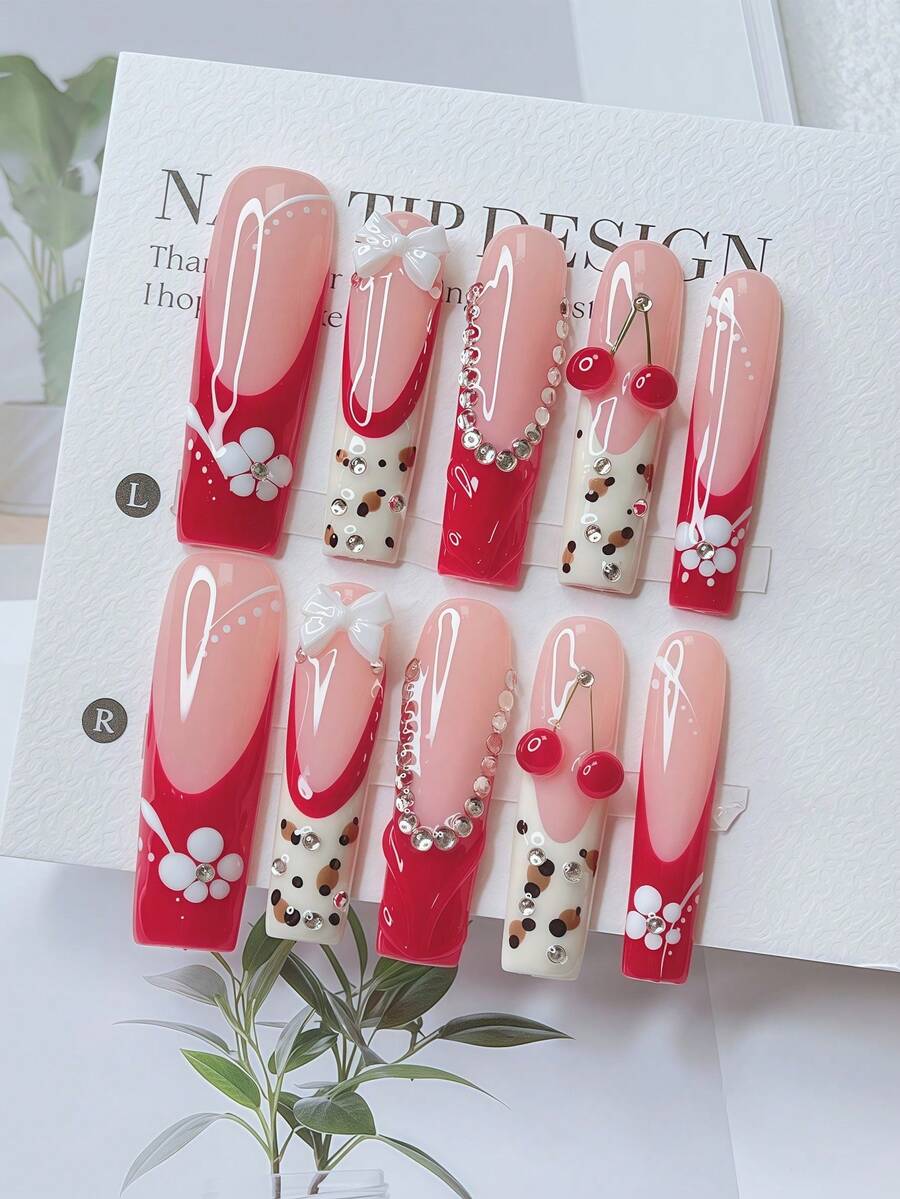 10pcs Y2K Nails Press On Nails Set - Handcrafted, Red Nails, Pink Nails ...