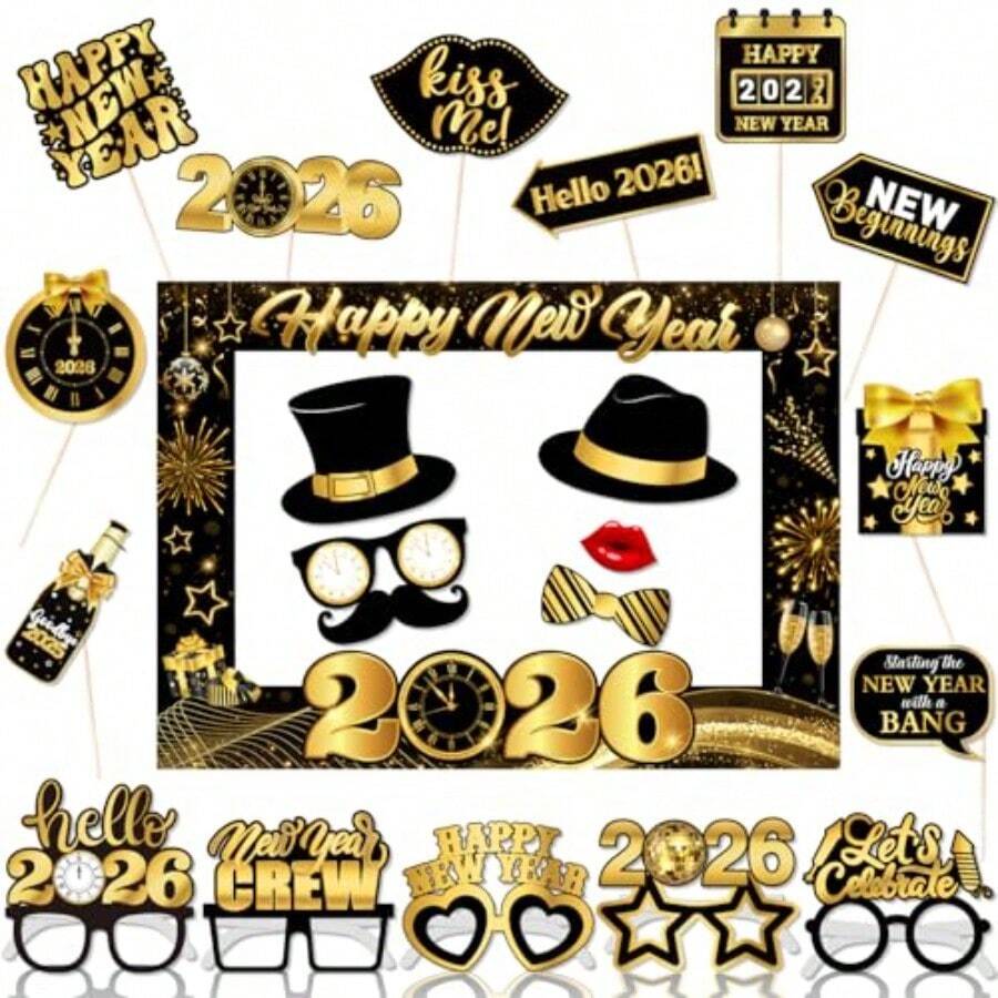 New Years Photo Booth Props 2026 Black Gold New Years Eve Photo Booth ...
