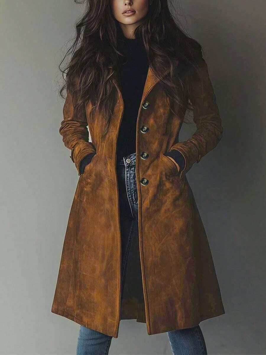 Women's Elegant Solid Color Casual Vintage Suede Trench Coat Jacket ...