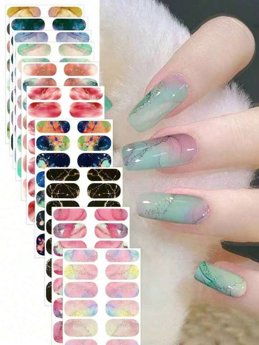 10 Sheets Marbled Nail Stickers Set - Women And Girls Self Adhesive ...