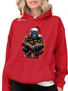 Christmas Gorilla Hoodie Gray Santa Hat Monkey With Lights Print ...