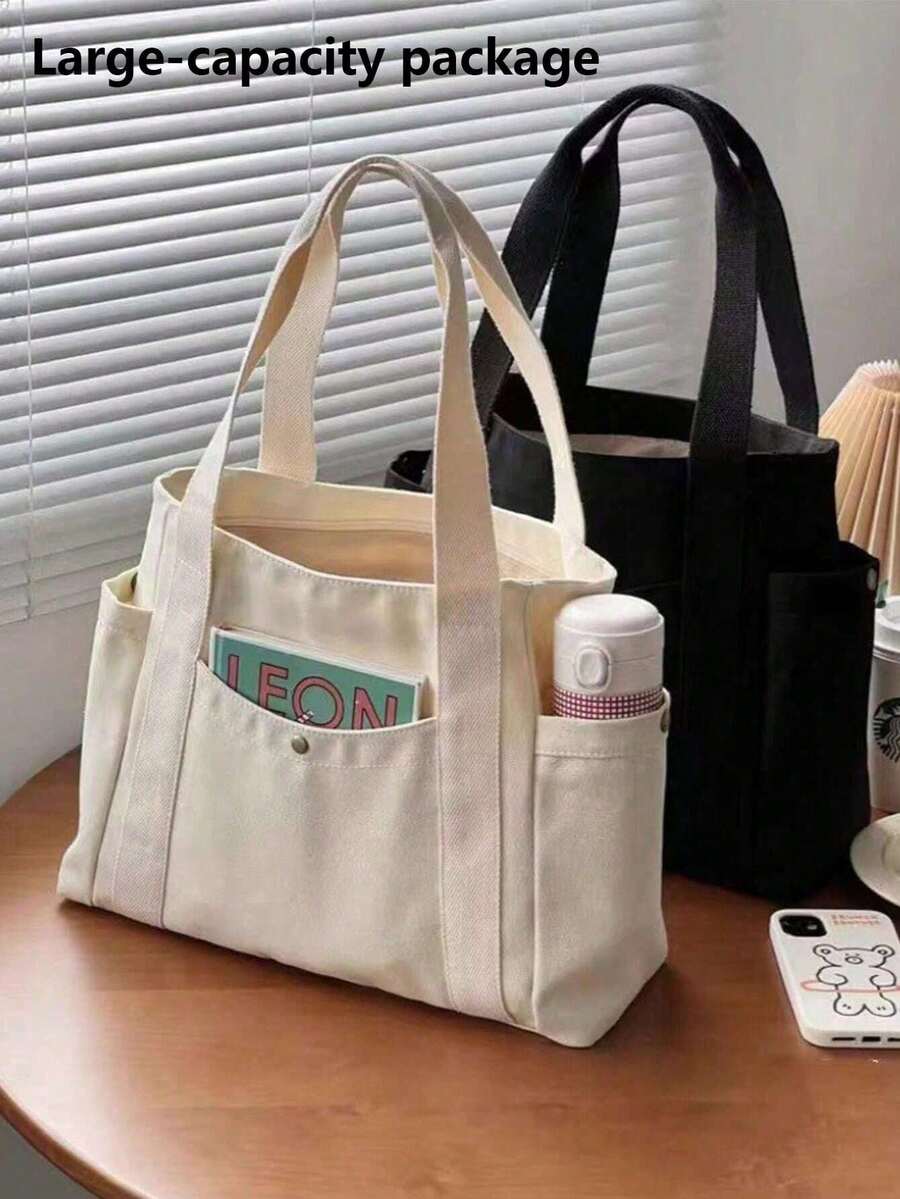 2X Fashionable Large-Capacity Canvas Tote Bag - Black Style! Zipper ...