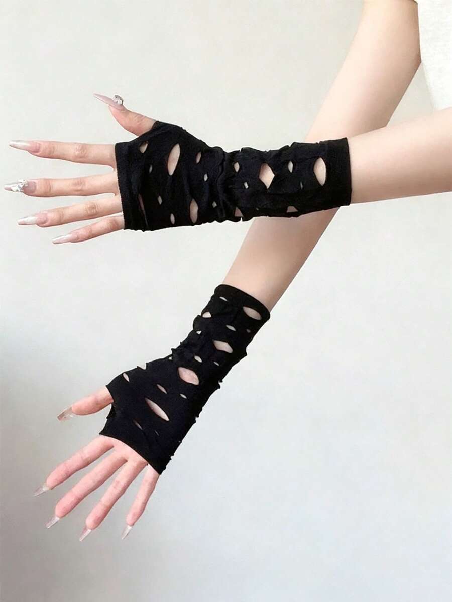 1 Pair Punk Rock Gothic Style Ripped Fingerless Arm Warmers, Suitable ...