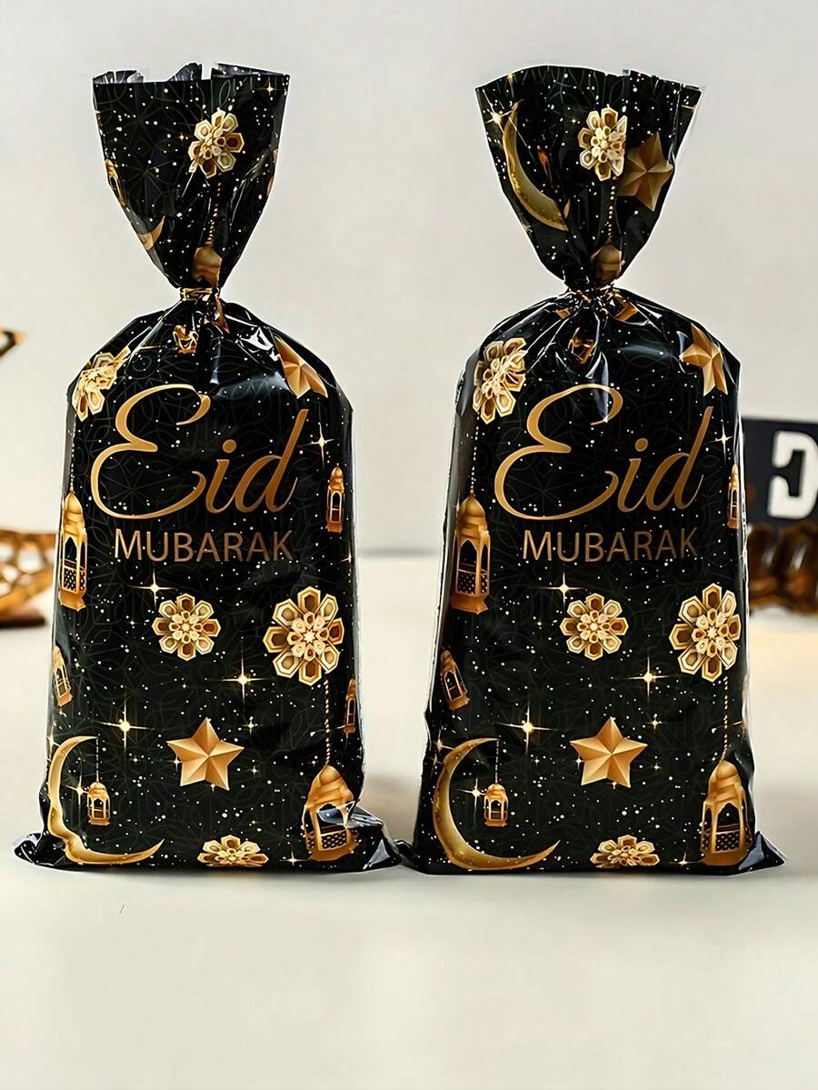 50pcs Eid Mubarak Gift Bags, Black & Gold Moon, Star And Castle Pattern ...