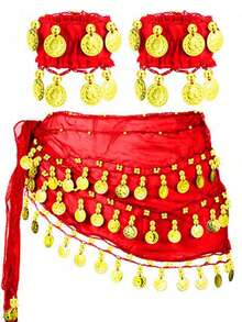 Bauchtanz Accessoire Set mit Münzen Hüfttuch + passendes Stoff Armband ...