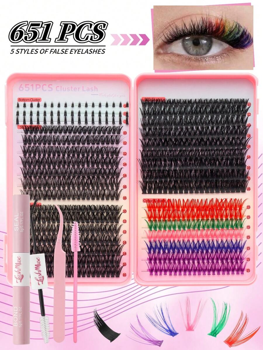 1Box/2Boxes-651pcs/1302pcs Colorful DIY Lash Extensions Kit, 8 Styles 50D+60D+80D+100D+Colored ...