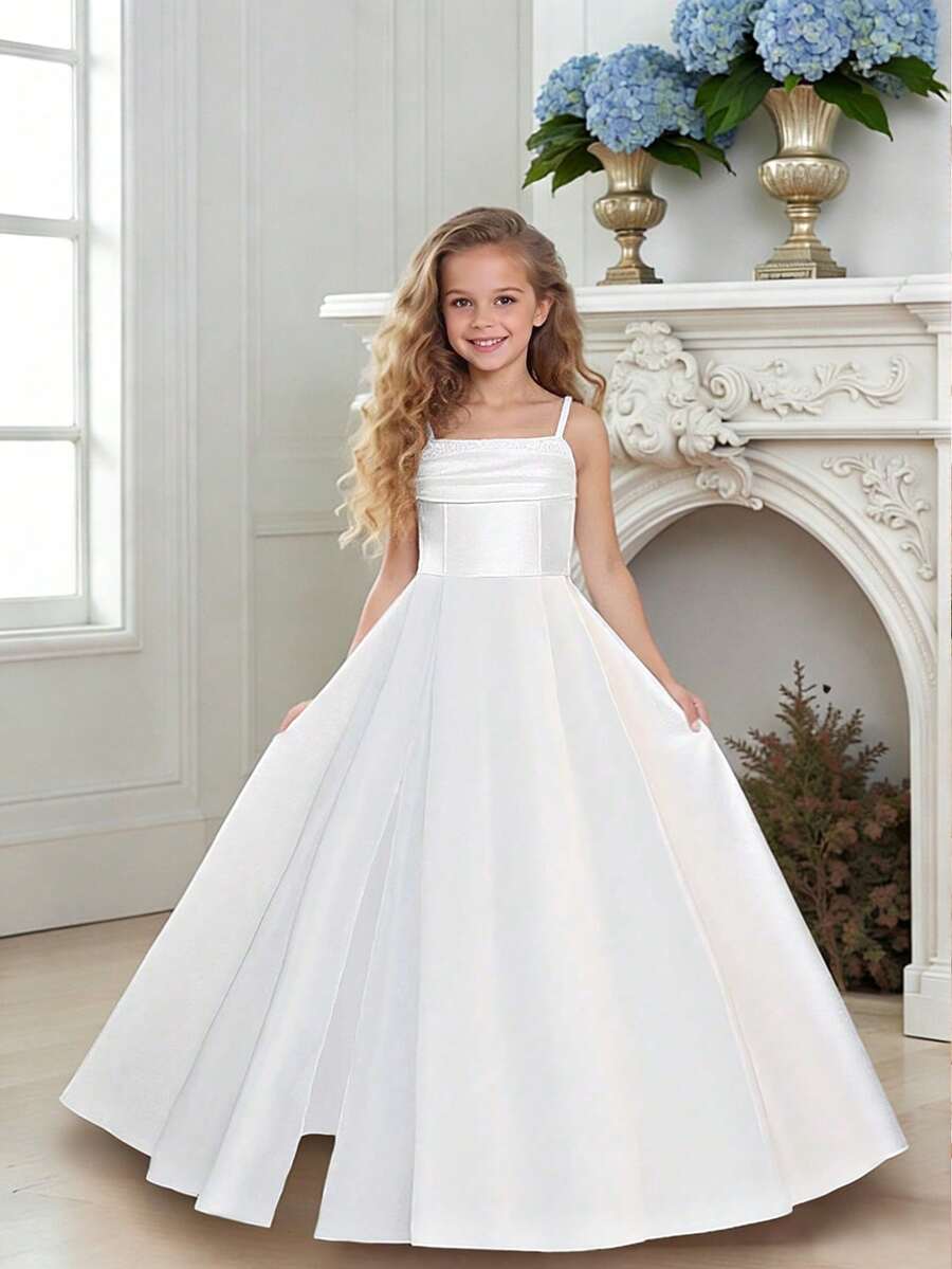 Tween Girls' Solid Color Spaghetti Strap Open Back Tie-Up Satin Elegant ...