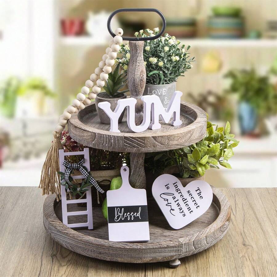 5Pcs Farmhouse Tiered Tray Decorations Set Heart Wooden Table Sign ...