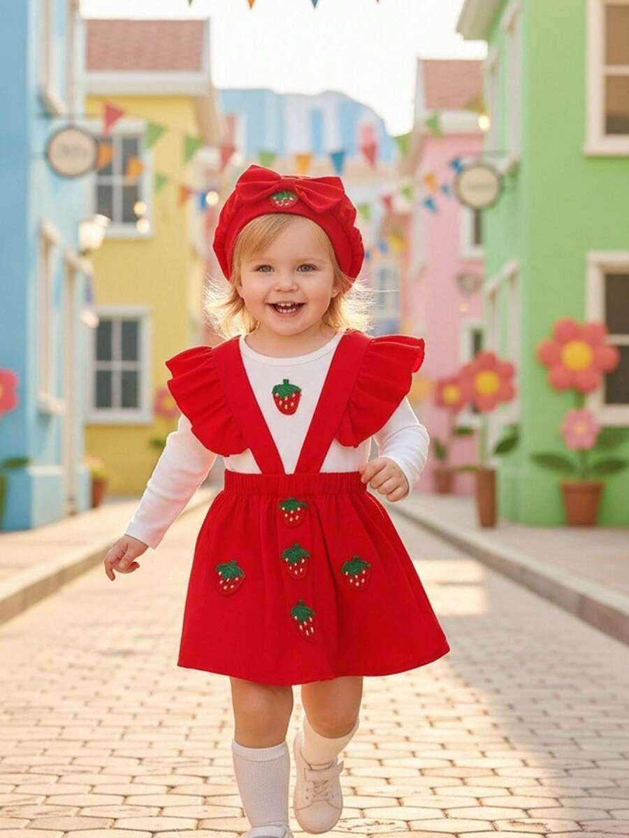 2pcs Baby Girls' Cute Festive White Long Sleeve Top + Red Suspender ...