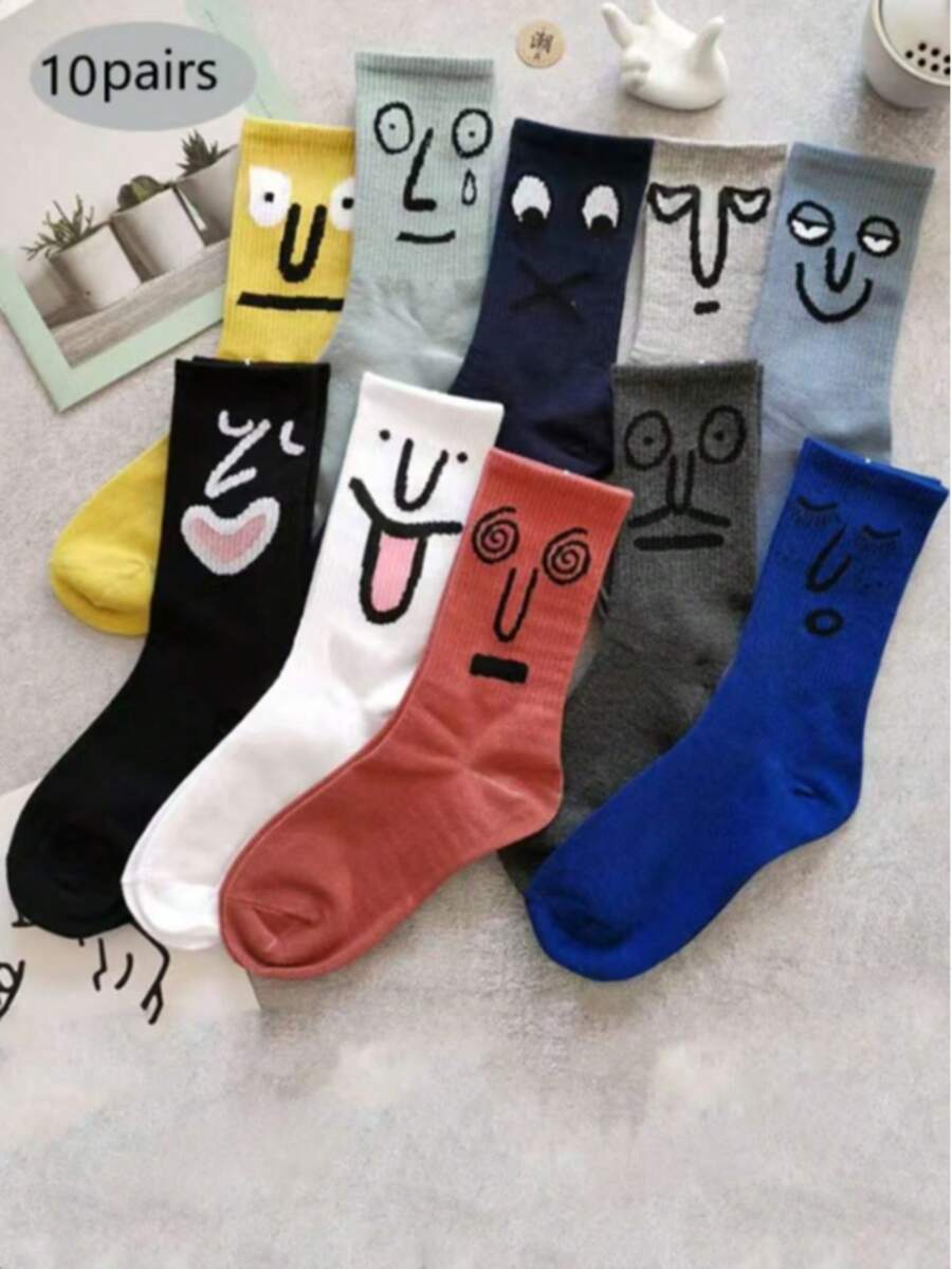1/5/10 Pairs Funny Expression Socks, Cartoon High Waist Long Socks For ...