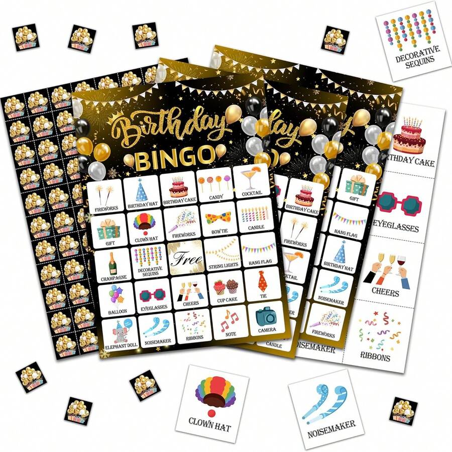 33 Birthday Bingo Cards, Black And Gold Happy Birthday Bingo Game ...