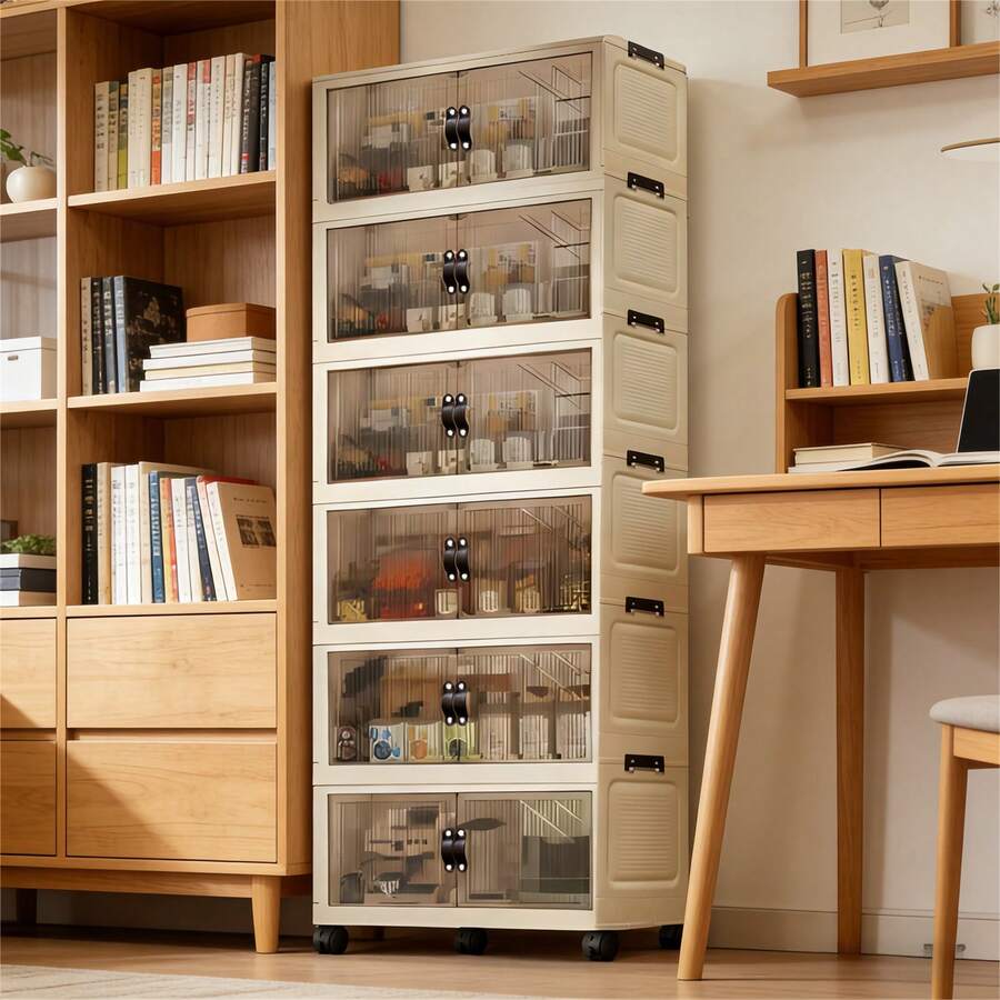 6-Tier Stackable Storage Bins With Wheels, Foldable See-Through Boxes ...