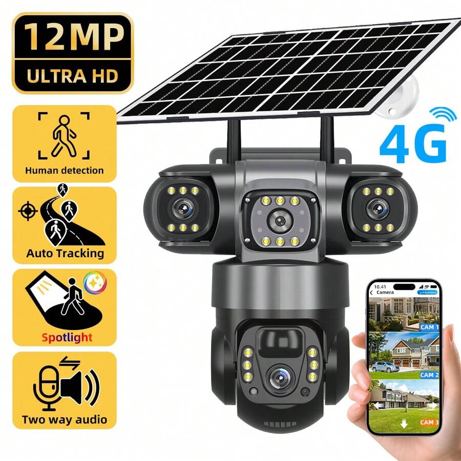 V380 Pro Solar Power Camera Support 4G Sim Card Triple Lens Three ...