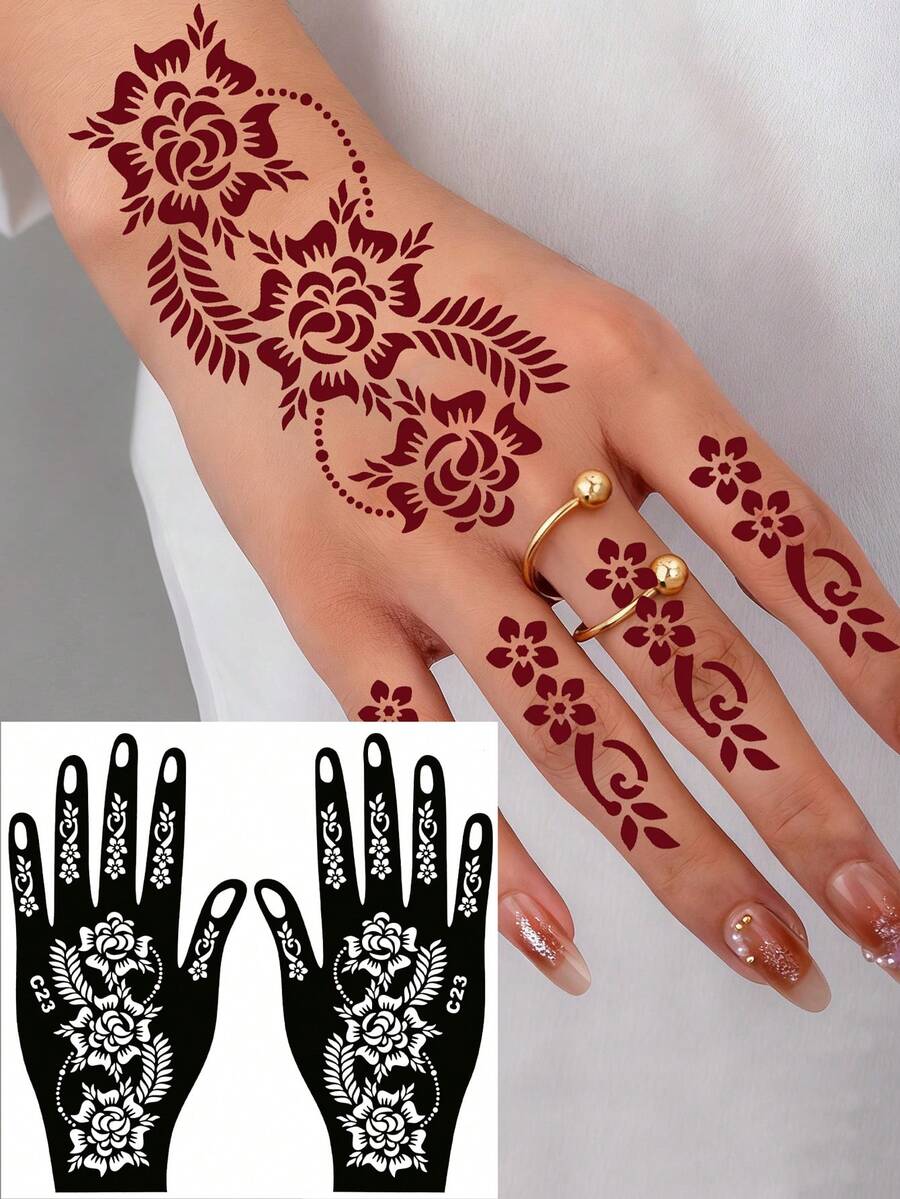 2 hojas de plantilla de henna, plantilla de tatuaje temporal con diseño ...