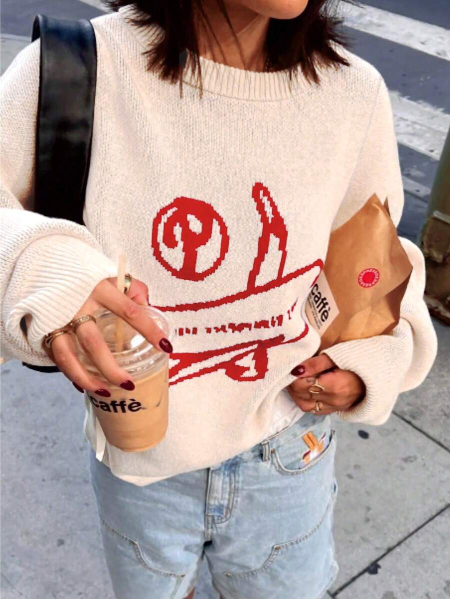 Damen lässiger, süßer Pullover mit Flugzeug-Muster, Rundhalsausschnitt ...