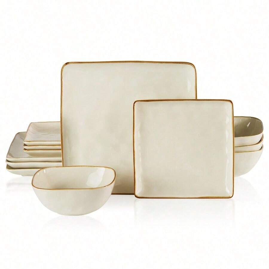 12-Piece Stoneware Plates And Bowls Sets, Dishes Set For 4, Scratch ...