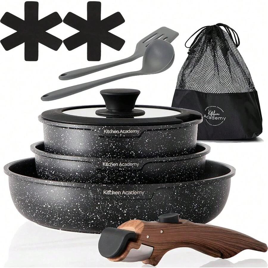 10-Piece Black Nonstick Hammered Granite Cookware Set, Includes Cooking ...