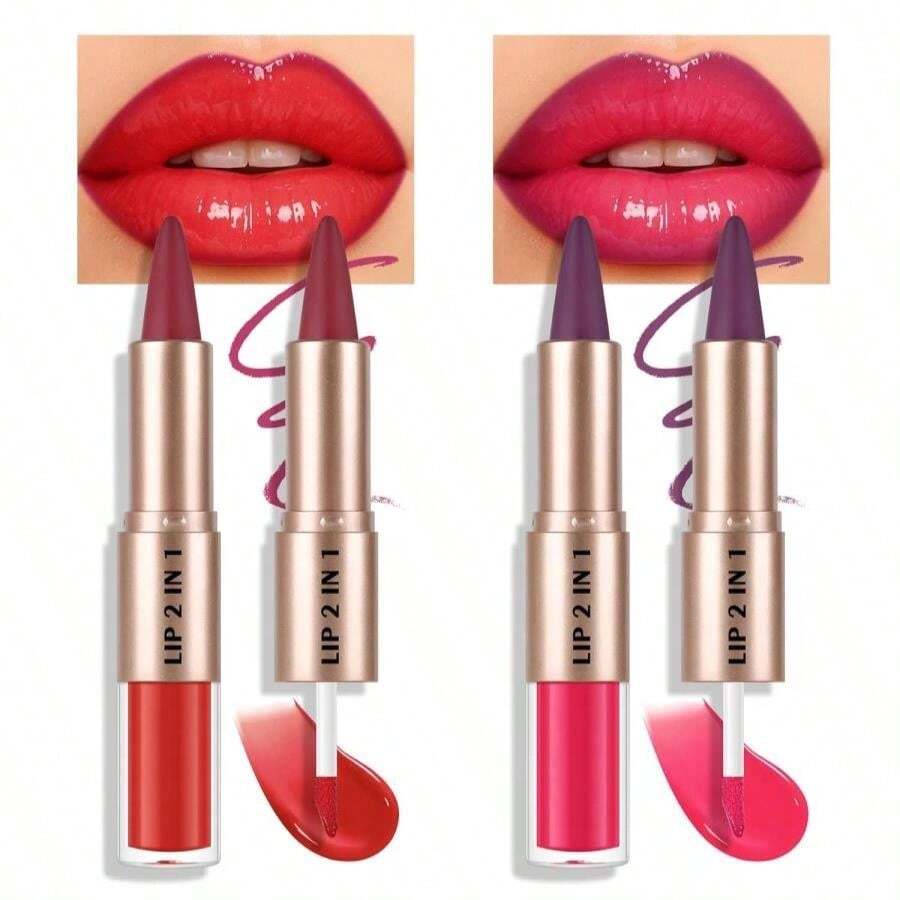 KYDA 2 Pcs Dual-Ended Brown Lip Liner Combo, Nourishing Lip Gloss With ...