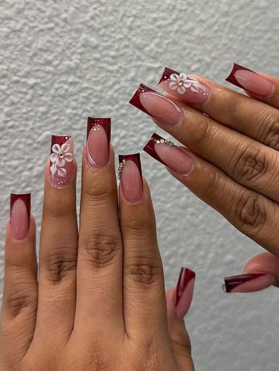 24pcs/Set Minimalist French Manicure Medium Length Burgundy Cute Floral ...