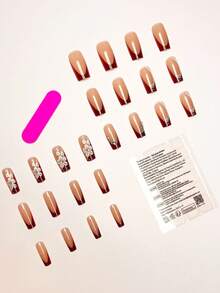 24pcs/Set Minimalist French Manicure Medium Length Burgundy Cute Floral ...
