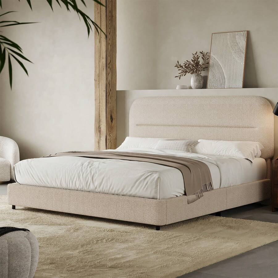 Boucle Bed Frame With Headboard, Modern Upholstered Bed Frame With ...