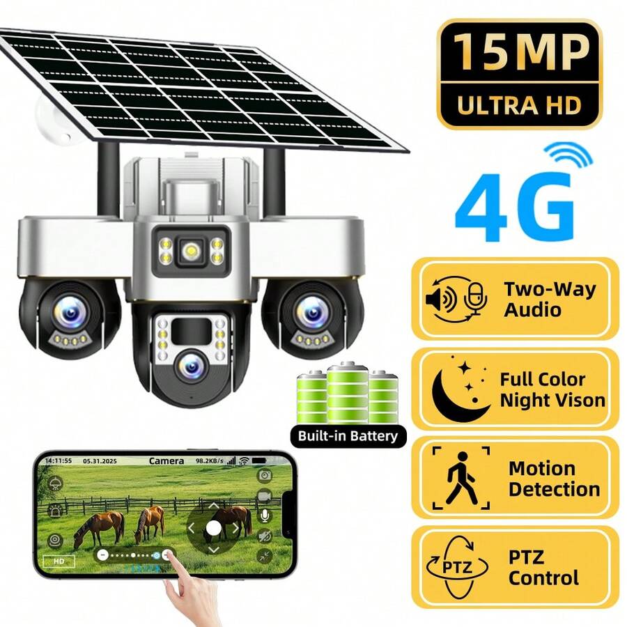 Telecamera IP V380 Pro a 3 obiettivi, alimentata a energia solare, 15MP ...