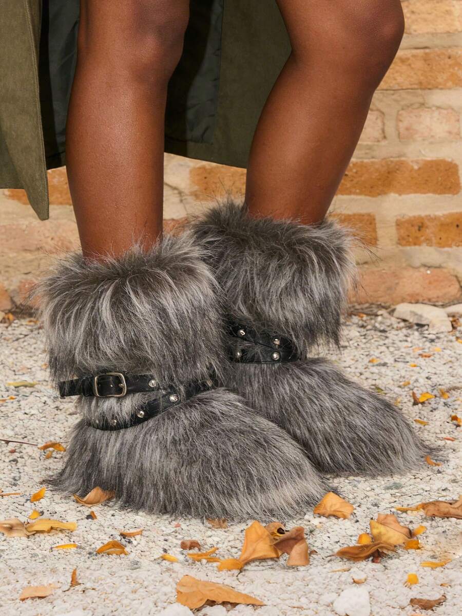Faux Fur Boots For Women Round Toe Fluffy Furry Snow Ankle Boots Punk ...