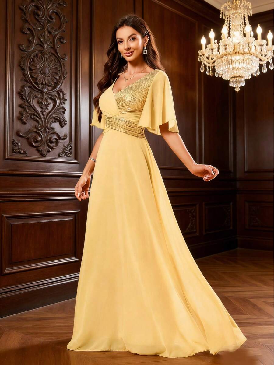 Women's V-Neck Backless Ruffle Sleeve Criss-Cross Pleated Sequin Patchwork Chiffon Party Dress ...