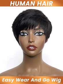 Short Pixie Cut Wigs Full Machine Made Human Hair Wigs With Bangs Remy ...