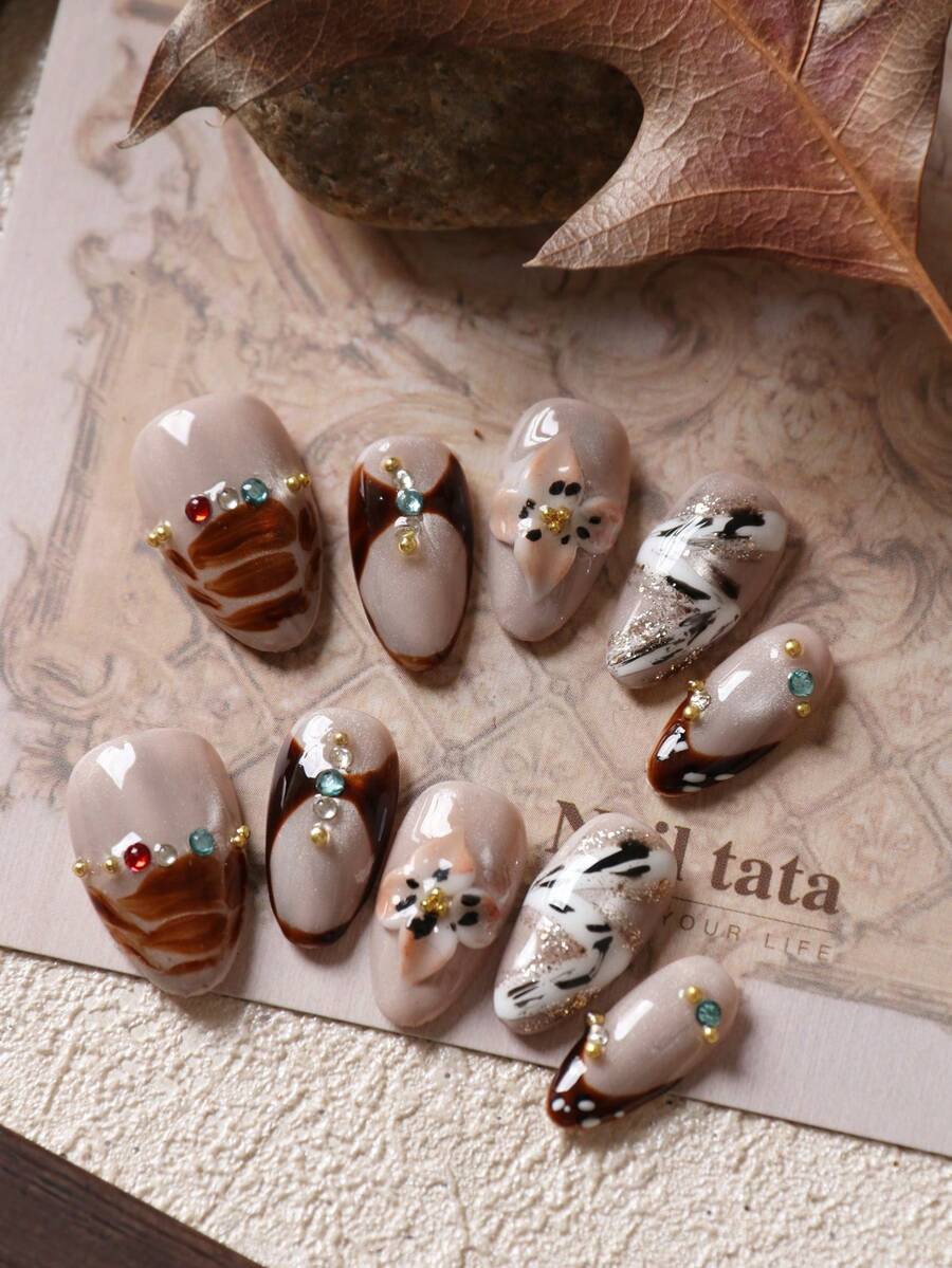 10pcs Acrylic Press On Nails Almond Nails Brown Nails Cat's Eye Flower ...