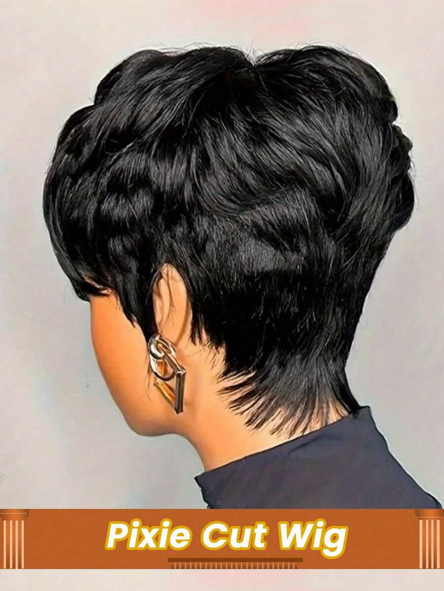 Short Pixie Cut Wigs Full Machine Made Human Hair Wigs With Bangs Remy ...