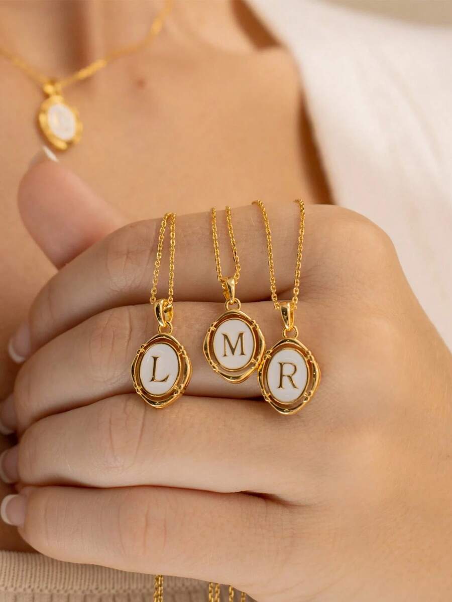 1Pc Vintage White Oil Drop A-Z Letter Necklace For Women Gold Color ...