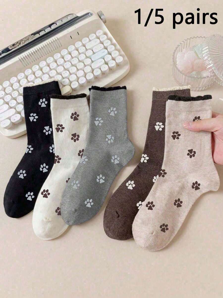 1/5 Pairs Women Cartoon Dog Paw Print Ruffle Trim Solid Color Mid-Calf ...