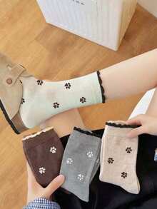 1/5 Pairs Women Cartoon Dog Paw Print Ruffle Trim Solid Color Mid-Calf ...