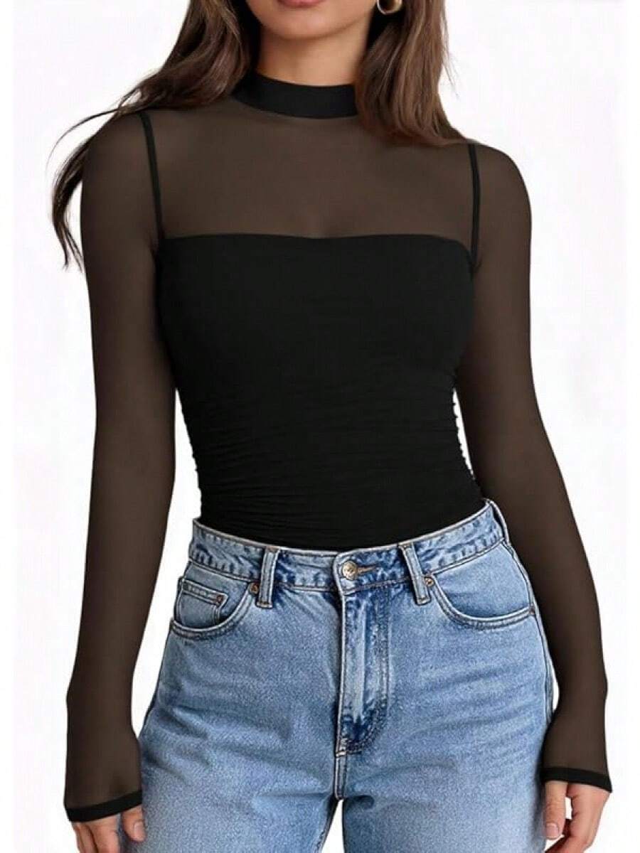 Womens Long Sleeve Mesh Tops Mock Neck See Through Lace Shirts Sheer ...