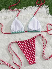 2pcs Geometric & Floral Print Sexy Backless Tie-Up Bikini Set, Bohemian ...