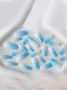 24pcs Rectangular Nail Stickers, Blue Ombre Acrylic Nail Stickers, Cute ...
