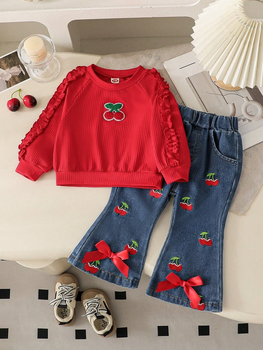 Baby Mädchen Mode Lässig Süß Set, Schulter Plissee 3D Kirsche Dekor ...