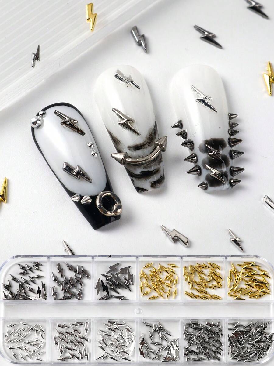 12 Stück/Box 3D Blitz Metall Nail Art Dekorationen, Punk Street Style ...