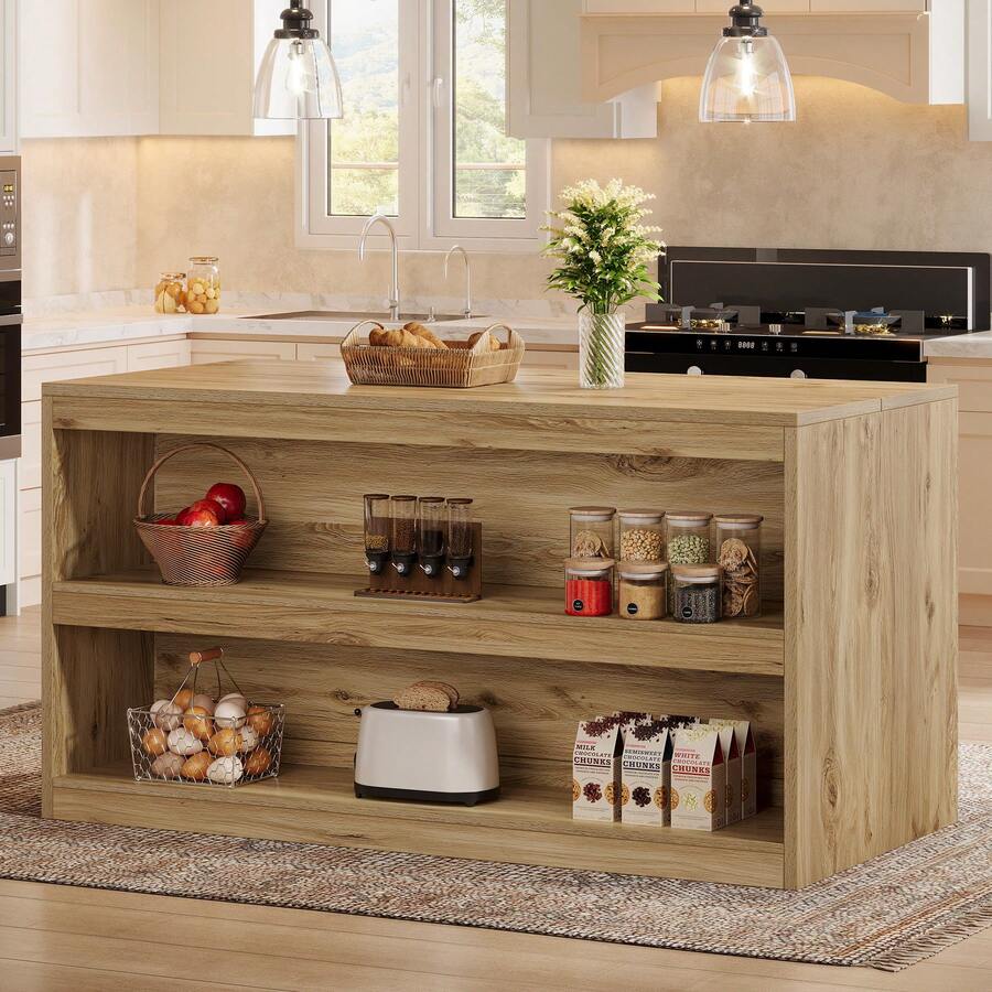 LITTLE TREE Kitchen Island With Storage Shelves, 59-Inch Stationary ...