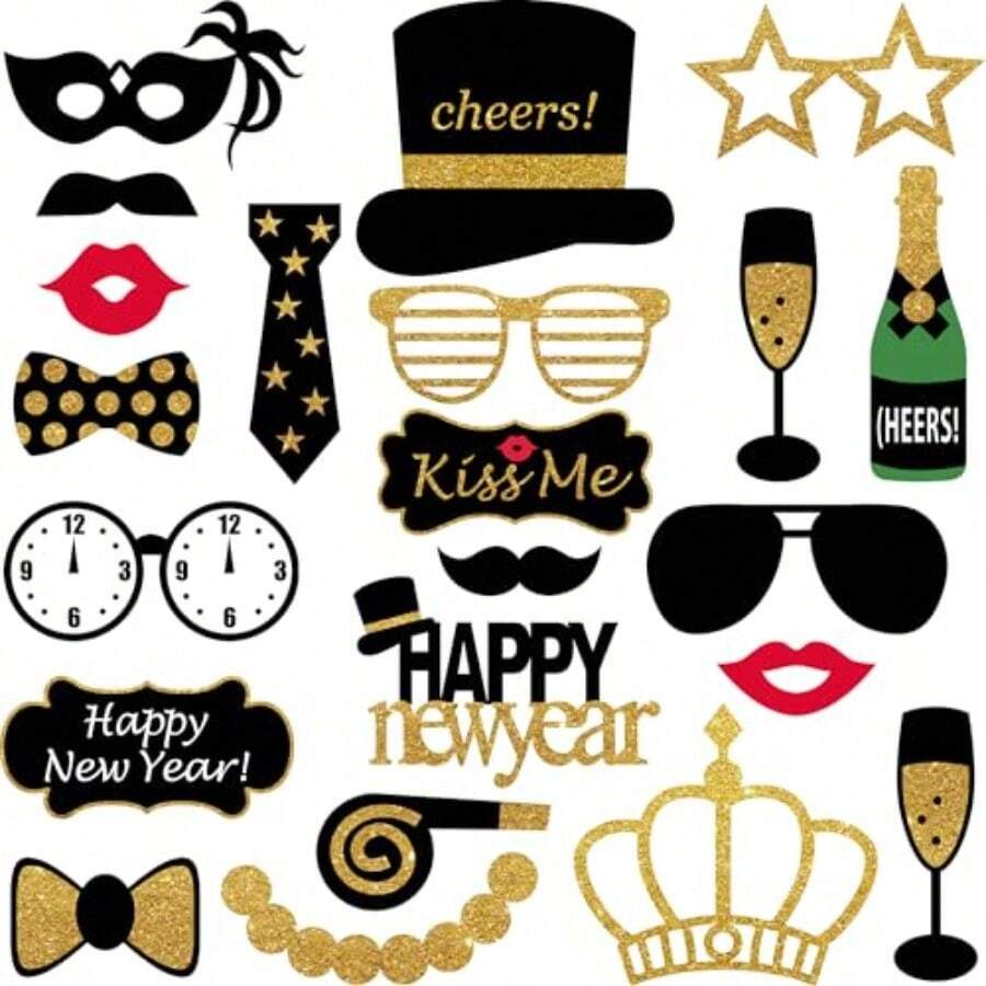 New Years Eve Photo Booth Props 2025 - Pack Of 24 Glitter Nye Party ...
