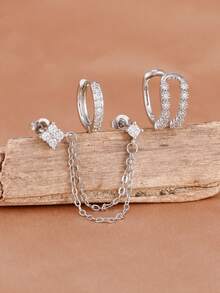 3PCS Fashion Square Zirconia Flower Stud Earrings Women Platinum Plated ...