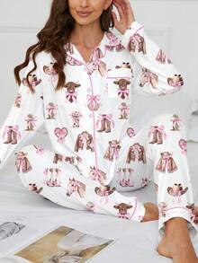 2pcs Women Pajama Set, Boots & Bow Print, Ladies Sleepwear, Autumn ...