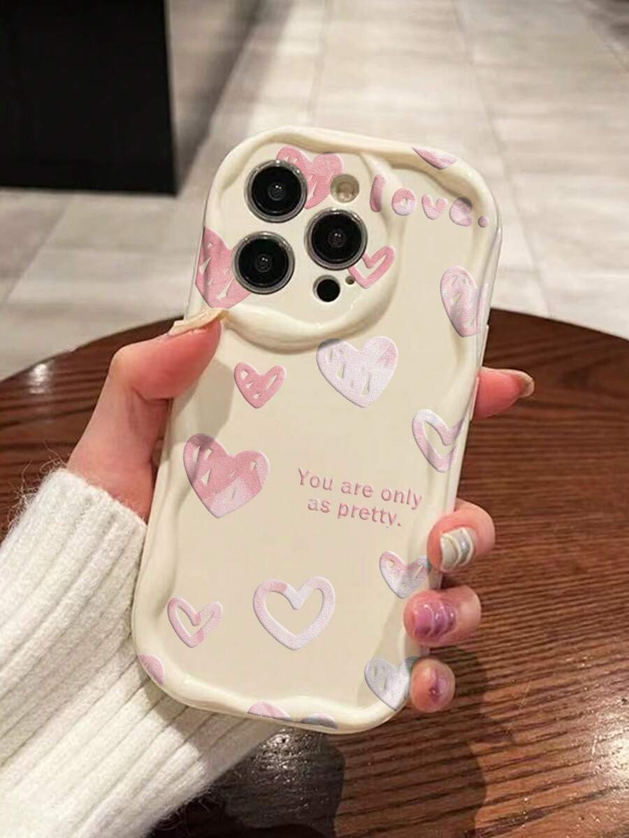 Cream Textured Wavy Edge Glossy Heart Painted Anti-Drop Phone Case ...
