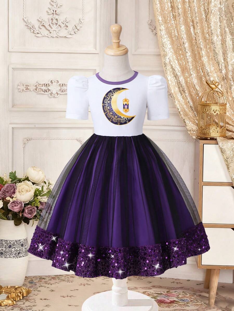 Young Girl' Round Neck Cartoon Print Puff Sleeve Mesh Patchwork Dress ...