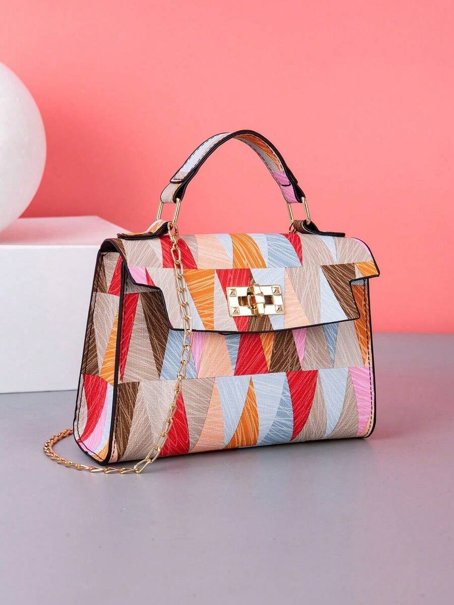 Chain Strap Square Crossbody Bag, Printed Handbag, Multi-Color Printed ...