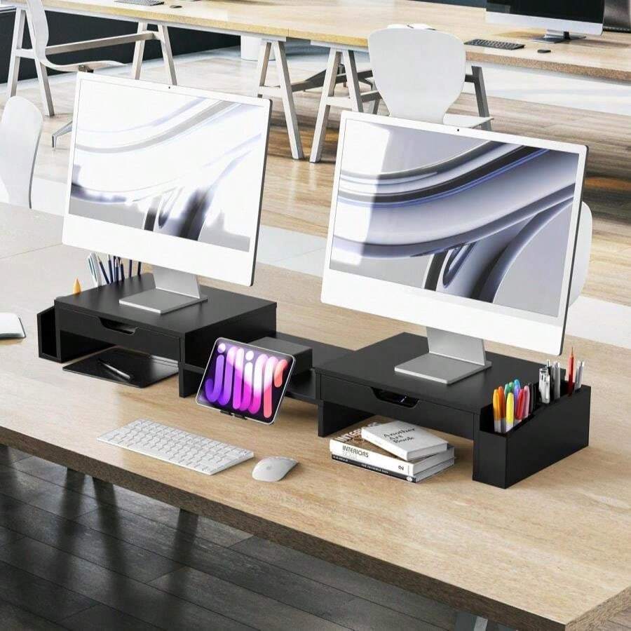 Simple Houseware Desk Dual Monitor Stand Riser With Pull-Out Drawers ...