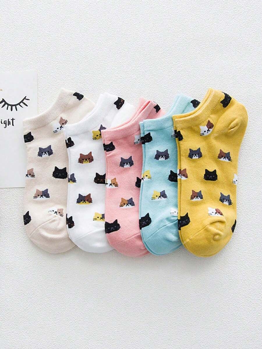 5 Pairs Cat & Animal Pattern Women's Short Breathable Soft Casual Boat ...