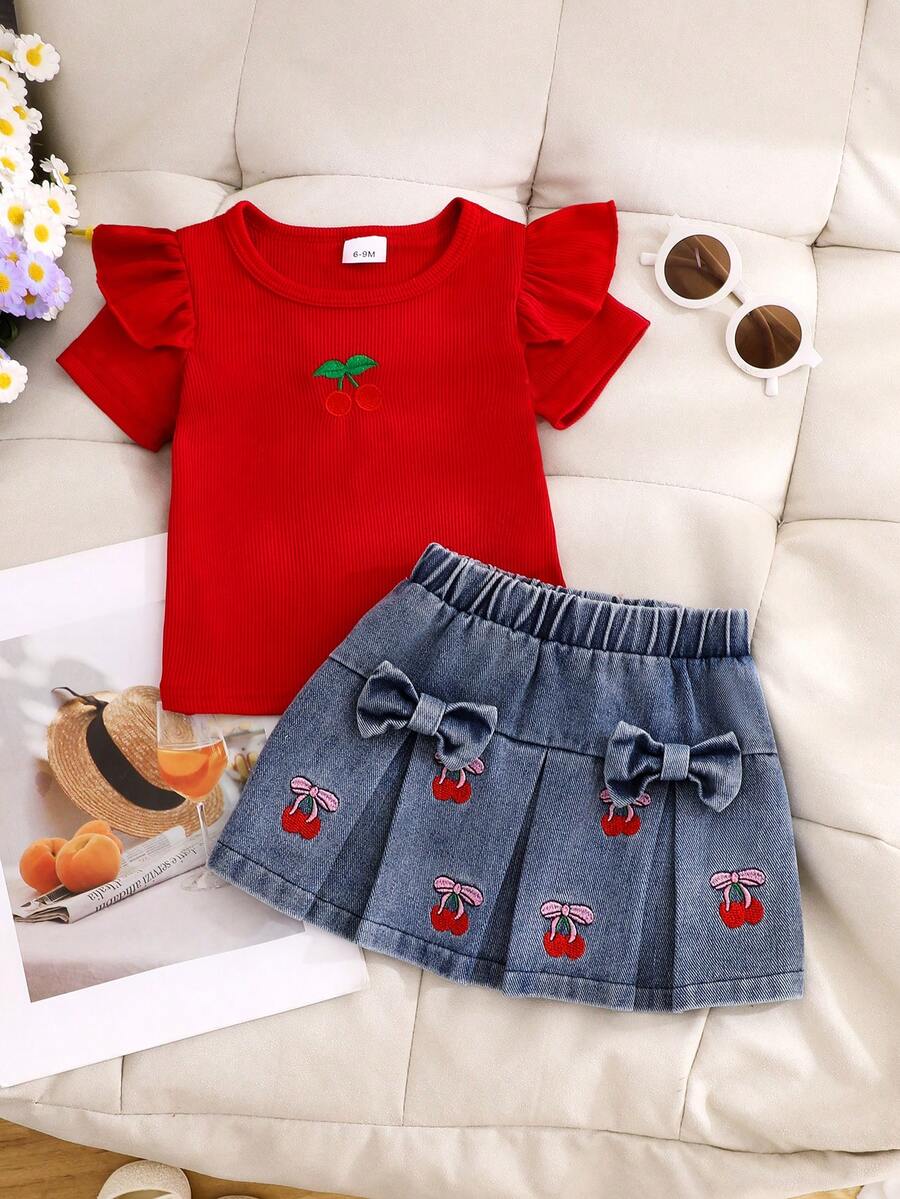 2 Stücke Baby Mädchen Sommer Set: Kirsche bestickte Kurzarm T-Shirt Top ...
